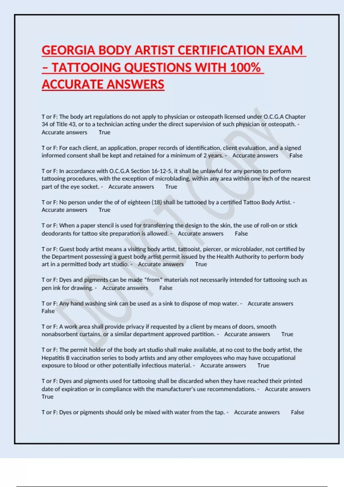 Georgia Body Artist Certification Exam – Tattooing Focus – 2024/2025 ...