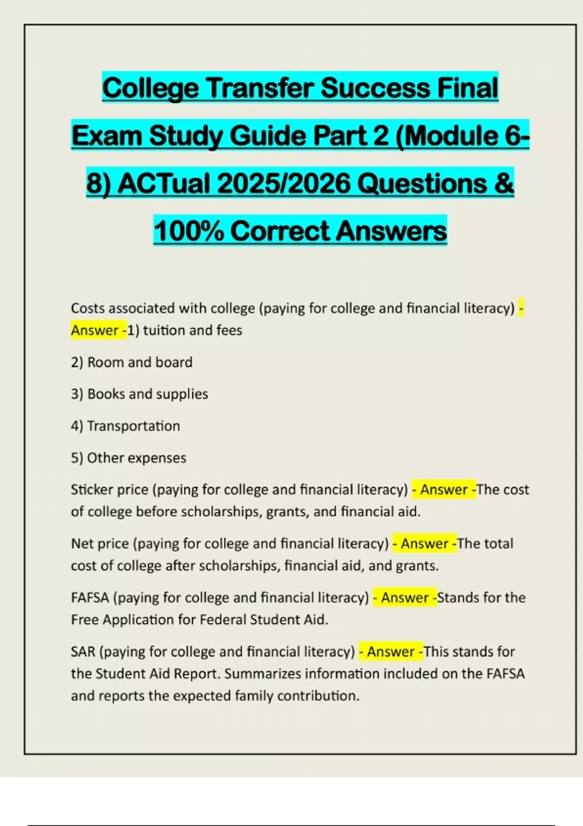 College Transfer Success Final Exam Study Guide Part 2 (Module 6- 8 ...