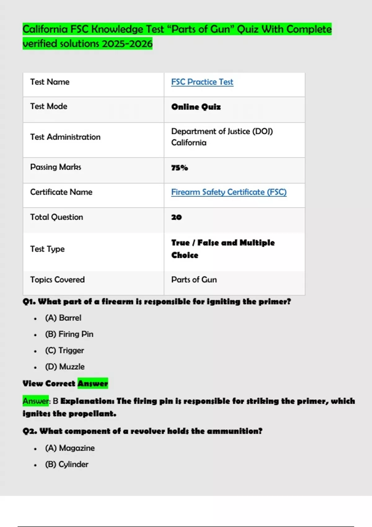 California FSC Knowledge Test “Parts of Gun” Quiz With Complete ...