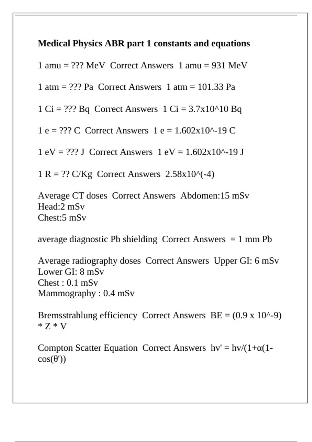 Medical Physics ABR part 1 constants and equations - ABR - Stuvia US