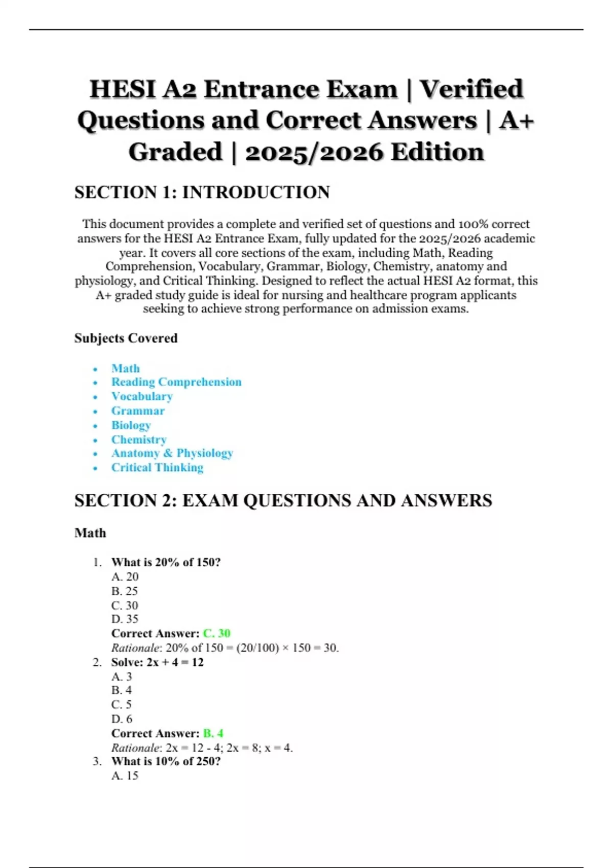 HESI A2 Entrance Exam | Verified Questions and Correct Answers | A+ ...