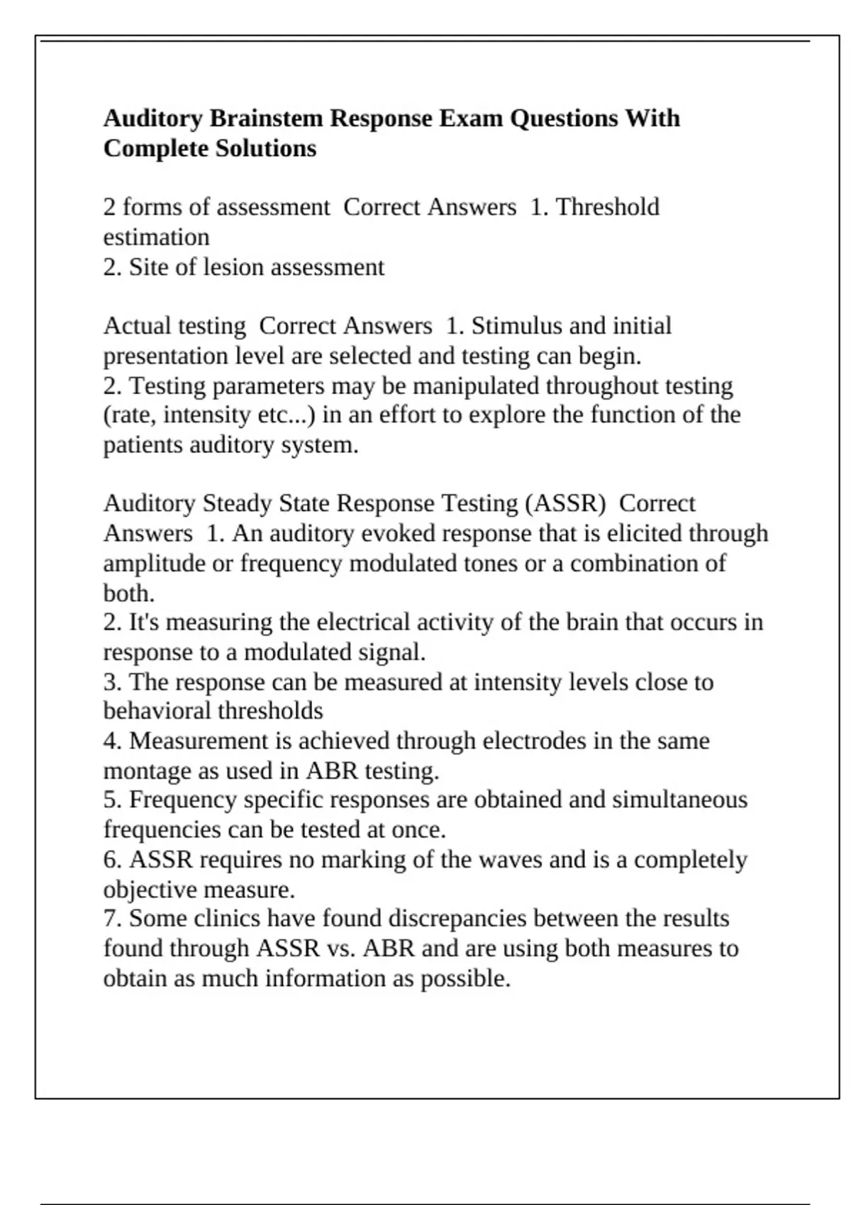 Auditory Brainstem Response Exam Questions With Complete Solutions ...