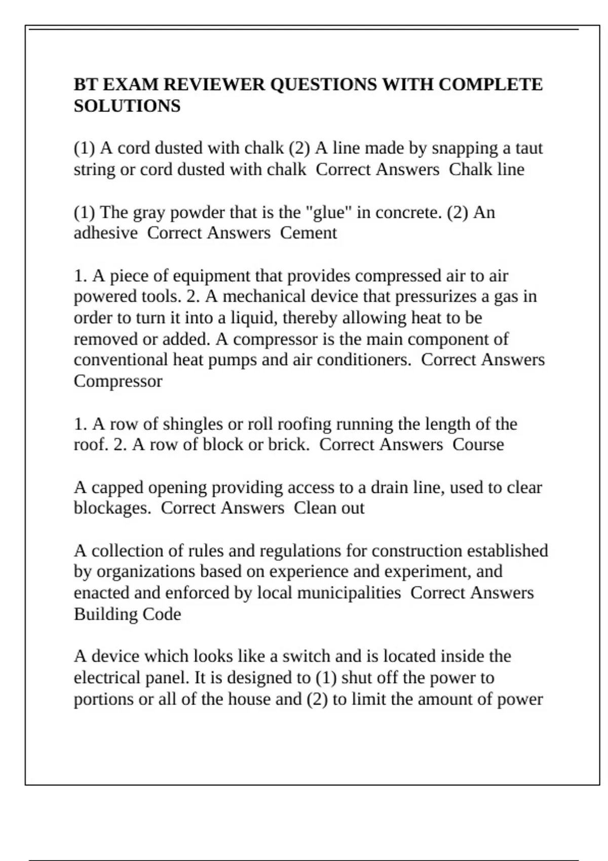 BT EXAM REVIEWER QUESTIONS WITH COMPLETE SOLUTIONS - BT - Stuvia US