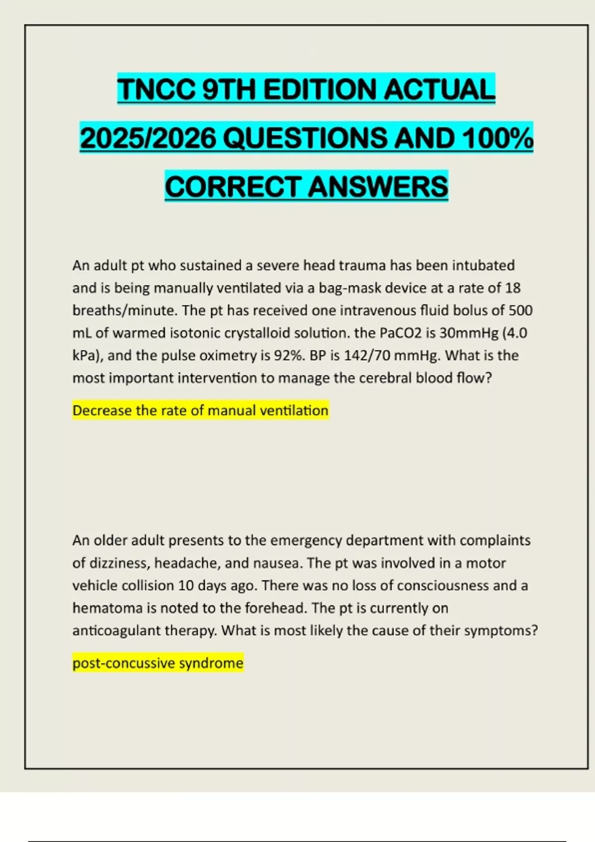 TNCC 9TH EDITION ACTUAL 2025/2026 QUESTIONS AND 100% CORRECT ANSWERS ...
