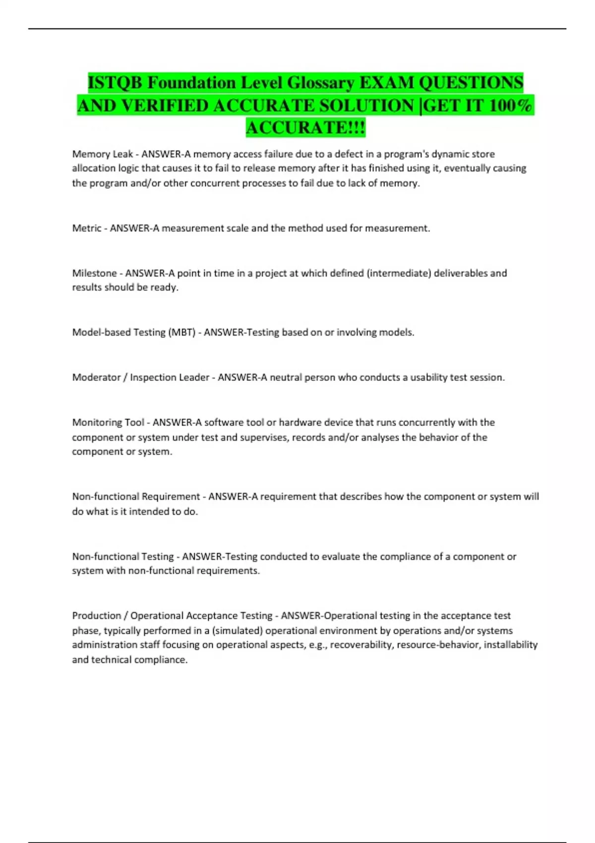 ISTQB Foundation Level Glossary EXAM QUESTIONS AND VERIFIED ACCURATE ...