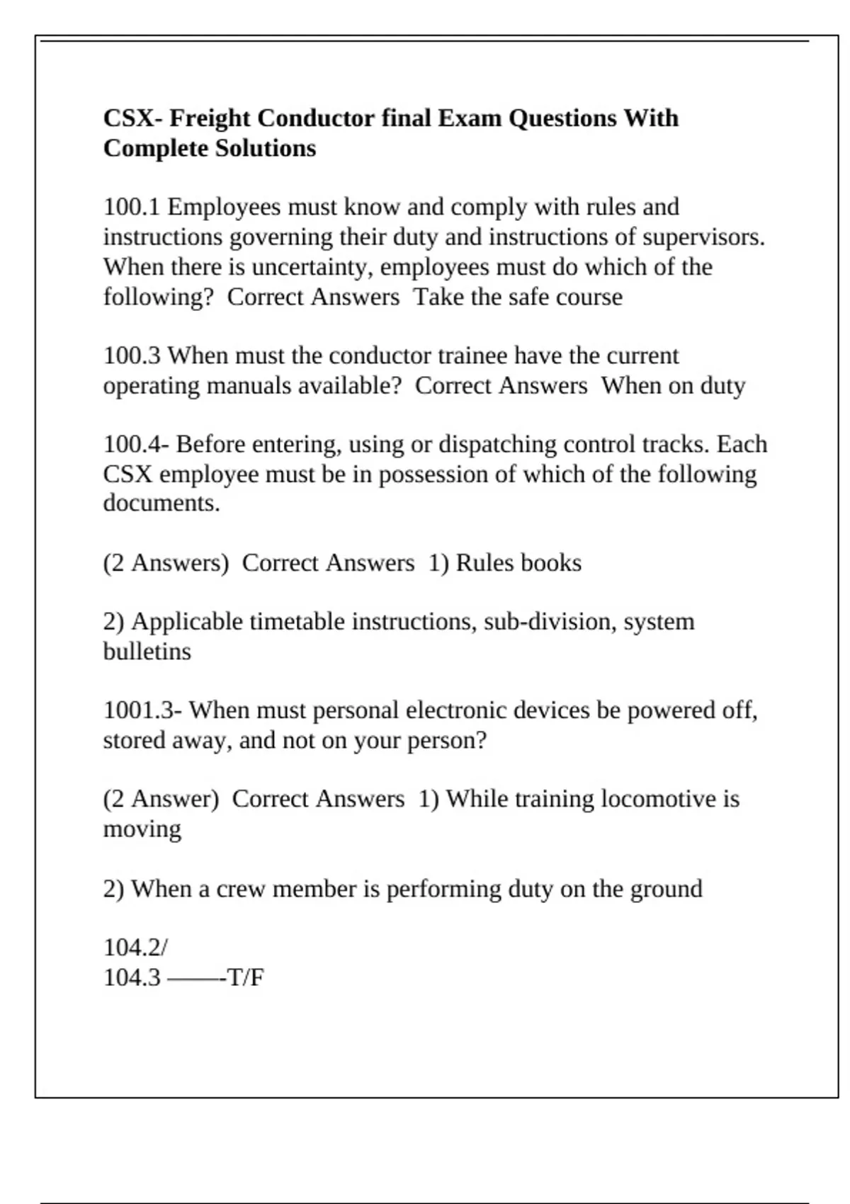 CSX- Freight Conductor final Exam Questions With Complete Solutions ...