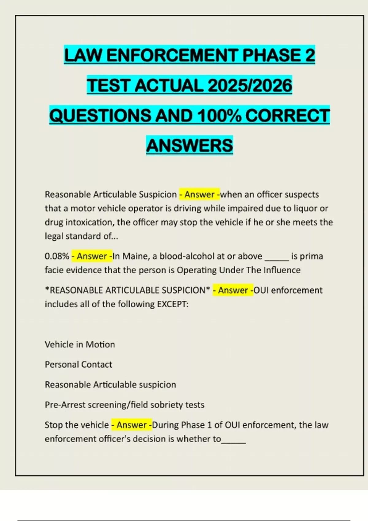 LAW ENFORCEMENT PHASE 2 TEST ACTUAL 2025/2026 QUESTIONS AND 100% ...