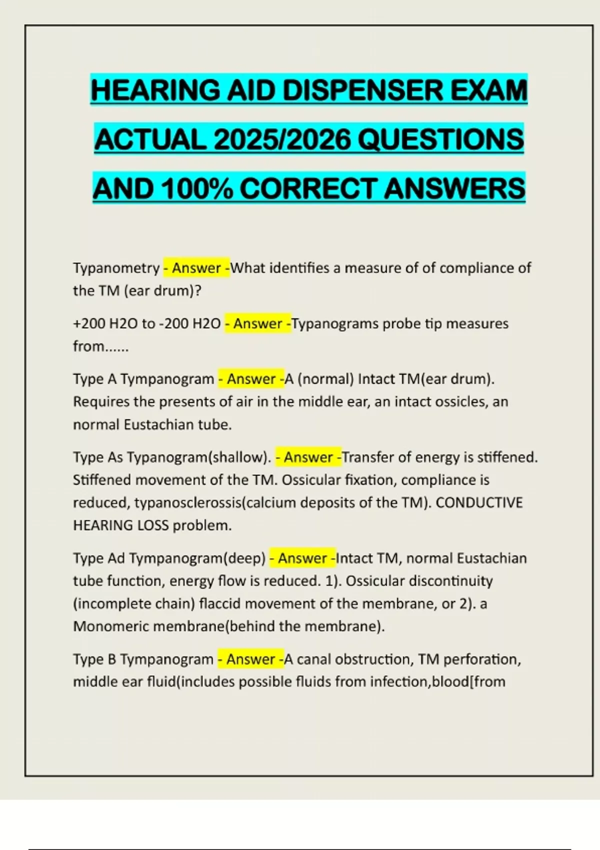BUNDLE FOR ILE HEARING AID EXAMS ACTUAL 2025/2026 QUESTIONS AND 100% ...