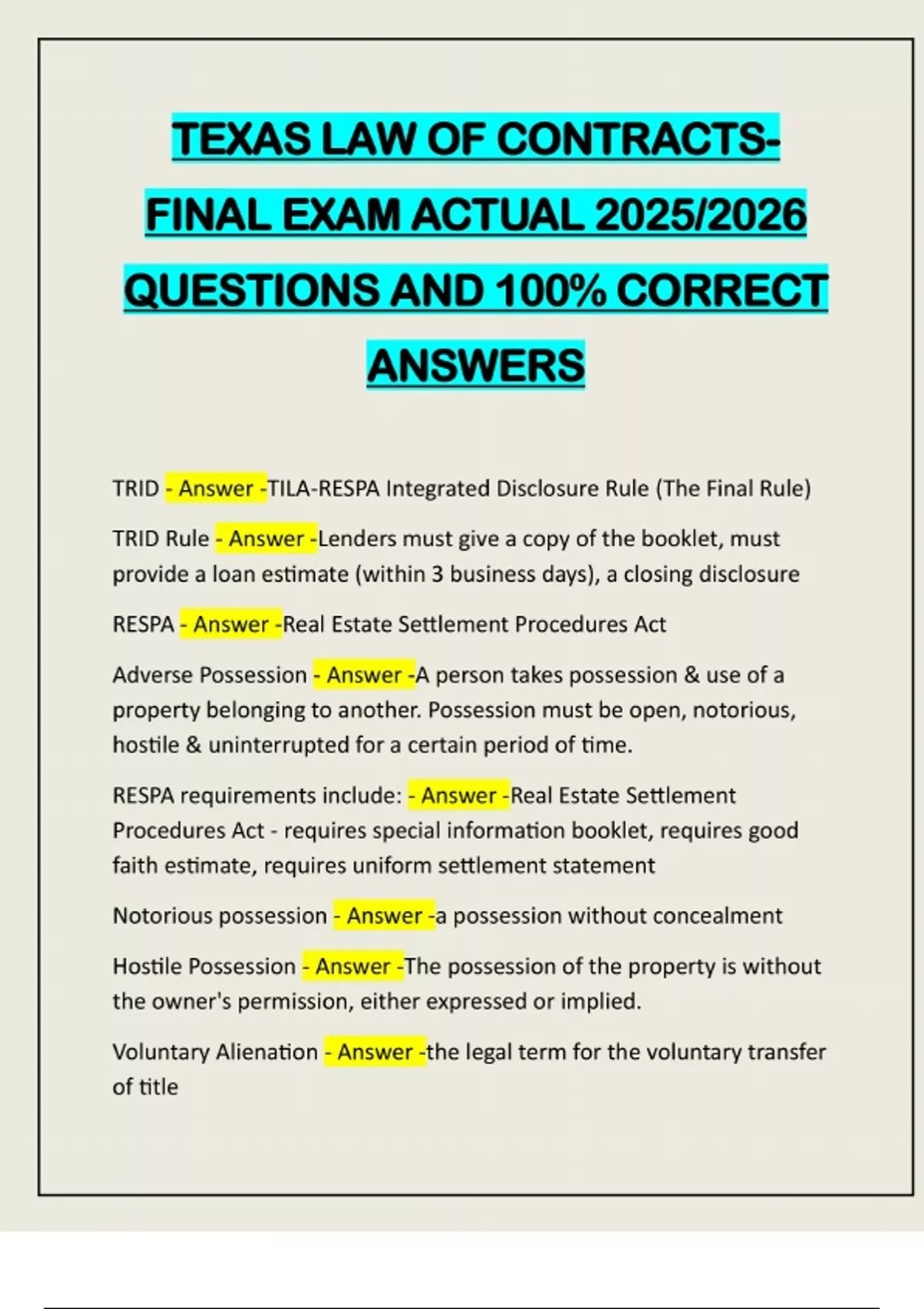 TEXAS LAW OF CONTRACTSFINAL EXAM ACTUAL 2025/2026 QUESTIONS AND 100% ...