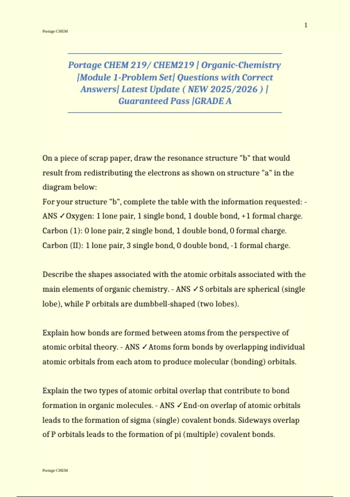 Portage CHEM 219/ CHEM219 | Organic-Chemistry |Module 1-Problem Set ...