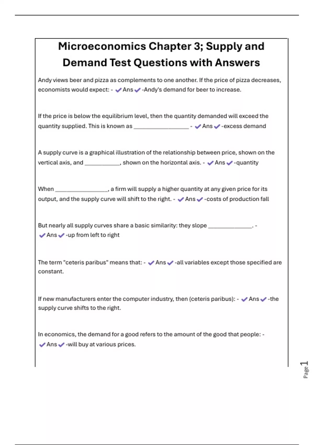 Microeconomics Chapter 3; Supply and Demand Test Questions with Answers ...