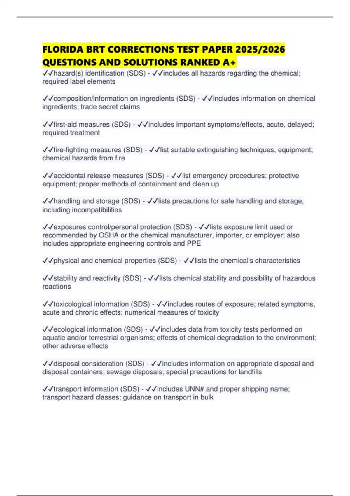 FLORIDA BRT CORRECTIONS TEST PAPER 2025/2026 QUESTIONS AND SOLUTIONS ...