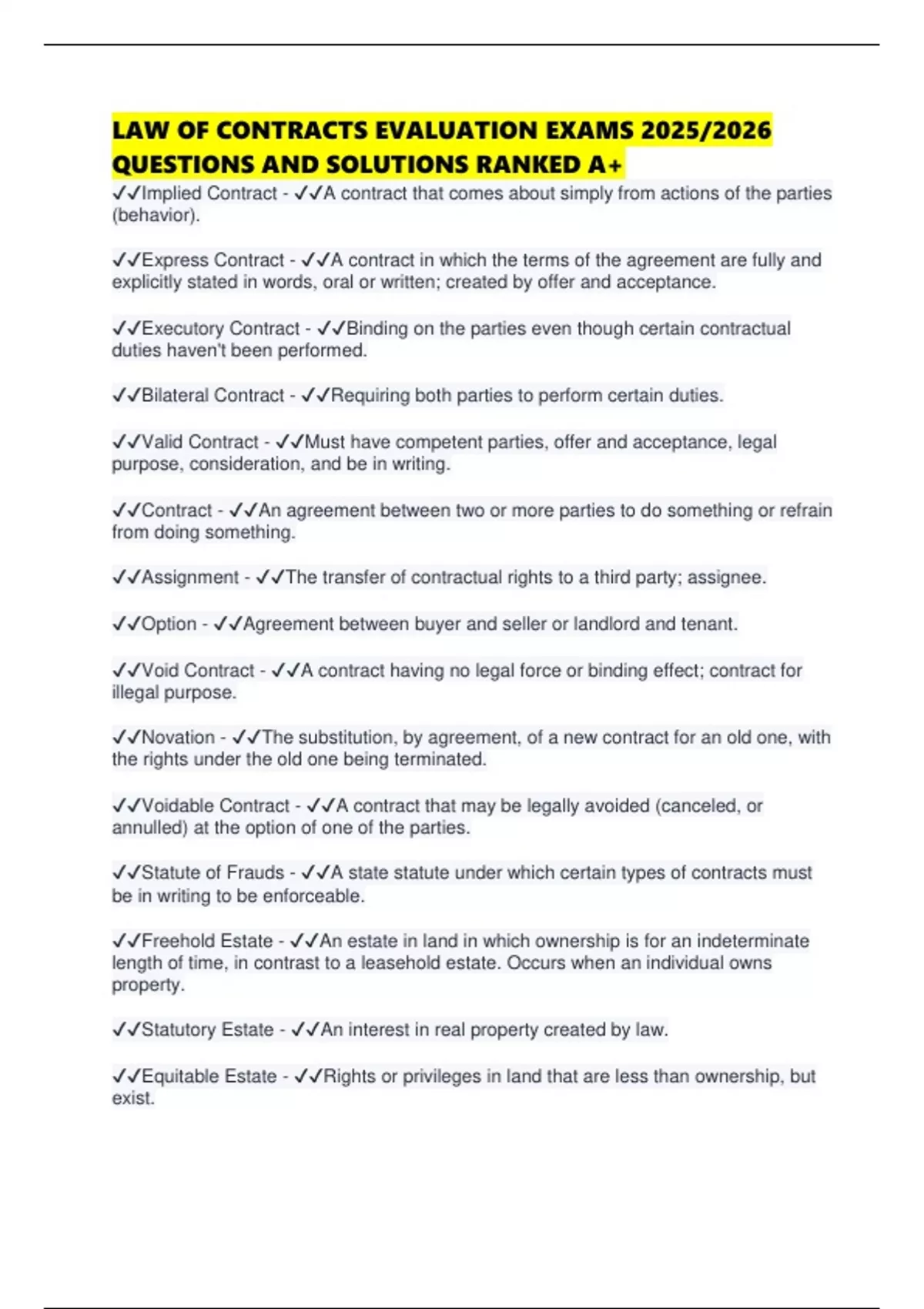 LAW OF CONTRACTS EVALUATION EXAMS 2025/2026 QUESTIONS AND SOLUTIONS ...