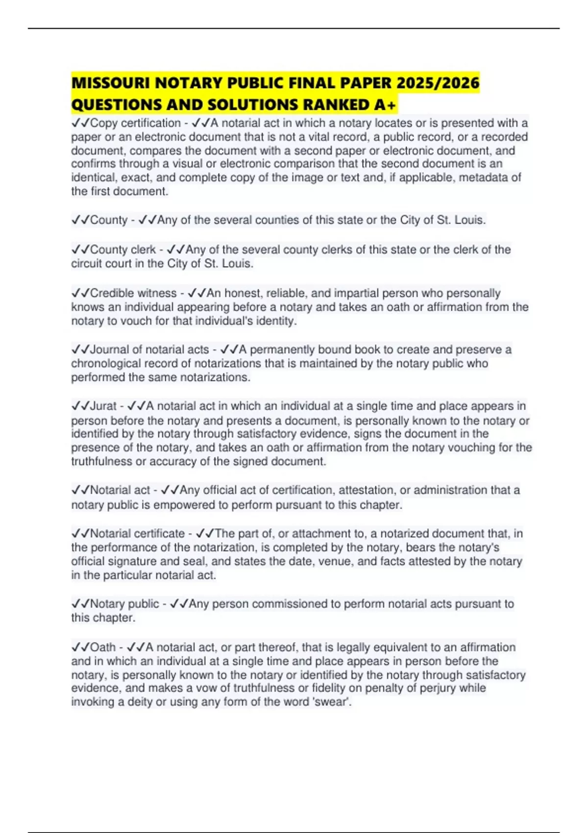 MISSOURI NOTARY PUBLIC FINAL PAPER 2025/2026 QUESTIONS AND SOLUTIONS ...