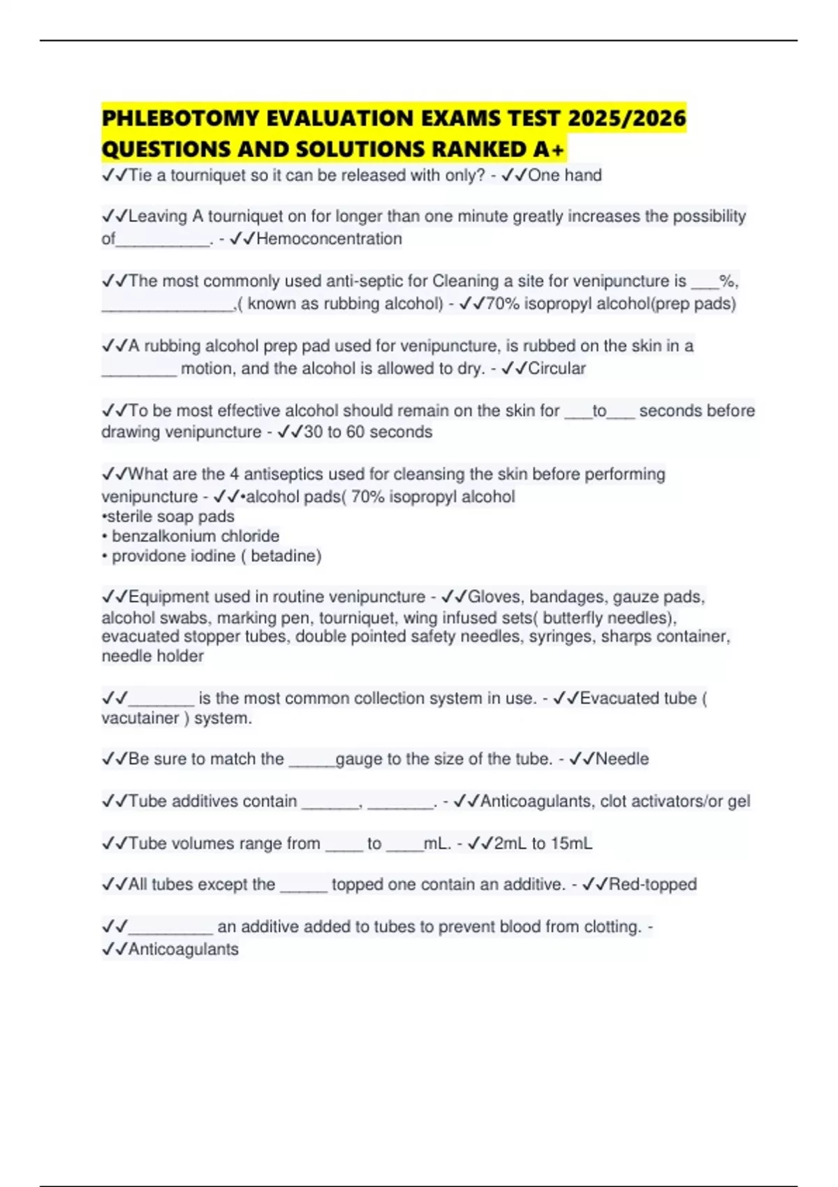 PHLEBOTOMY EVALUATION EXAMS TEST 2025/2026 QUESTIONS AND SOLUTIONS ...