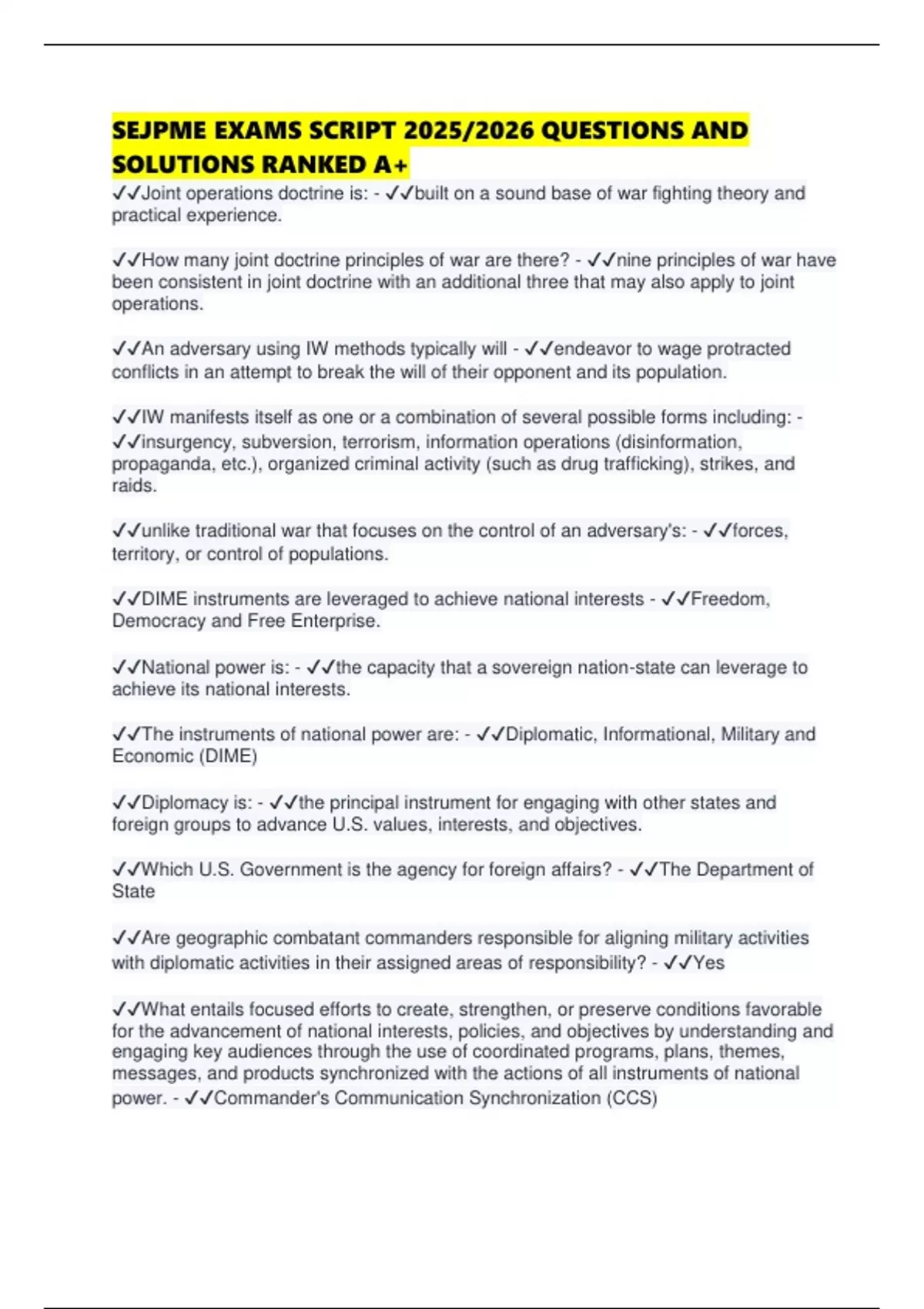 SEJPME EXAMS SCRIPT 2025/2026 QUESTIONS AND SOLUTIONS RANKED A+ ...