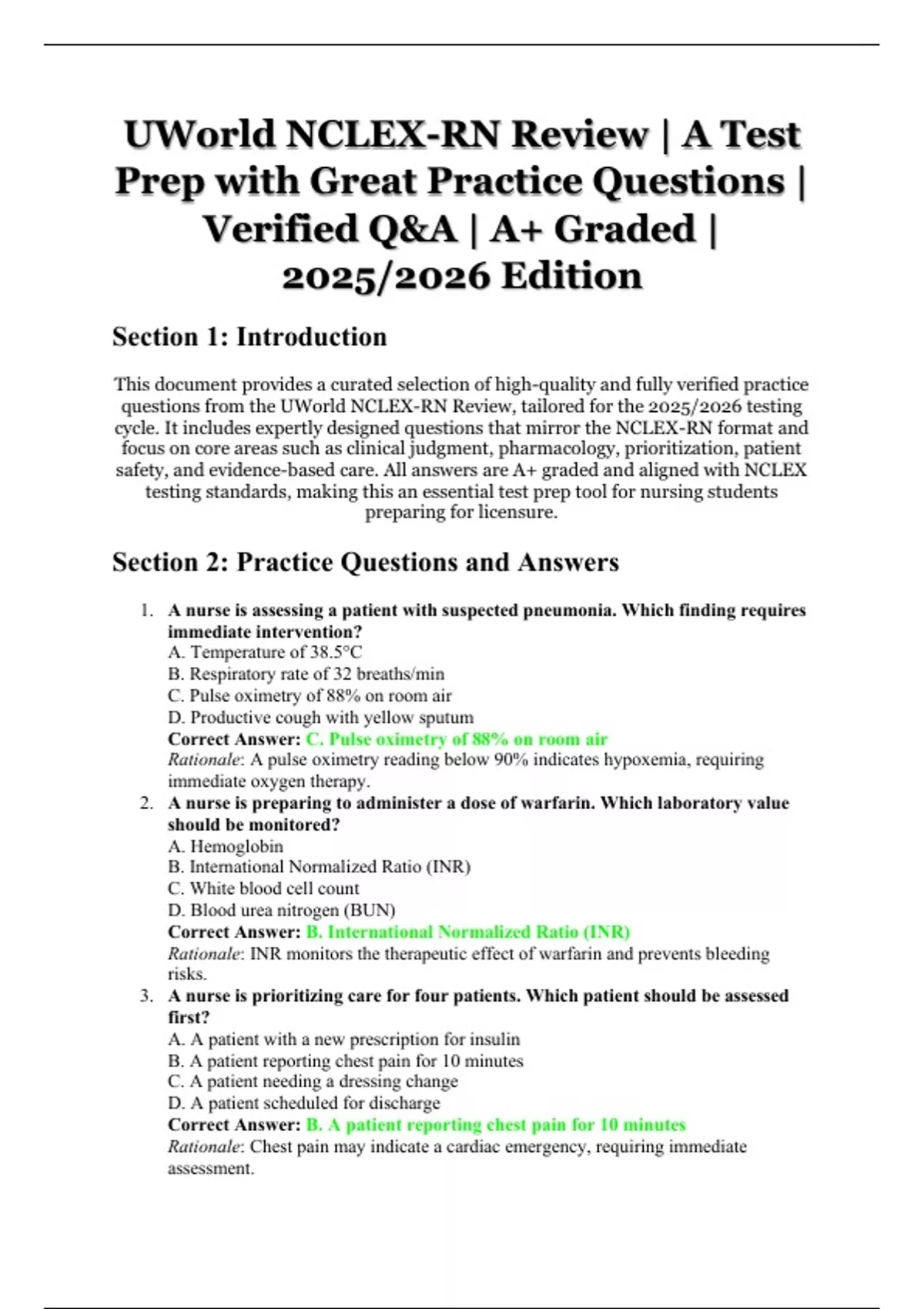 UWorld NCLEX-RN Review | Verified Questions and Answers | Premium ...