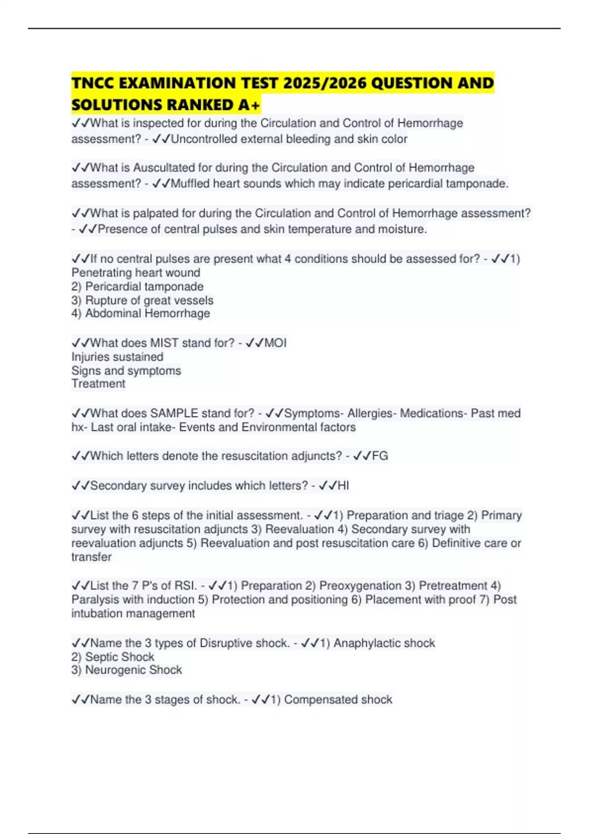 TNCC EXAMINATION TEST 2025/2026 QUESTION AND SOLUTIONS RANKED A+ - TNCC ...