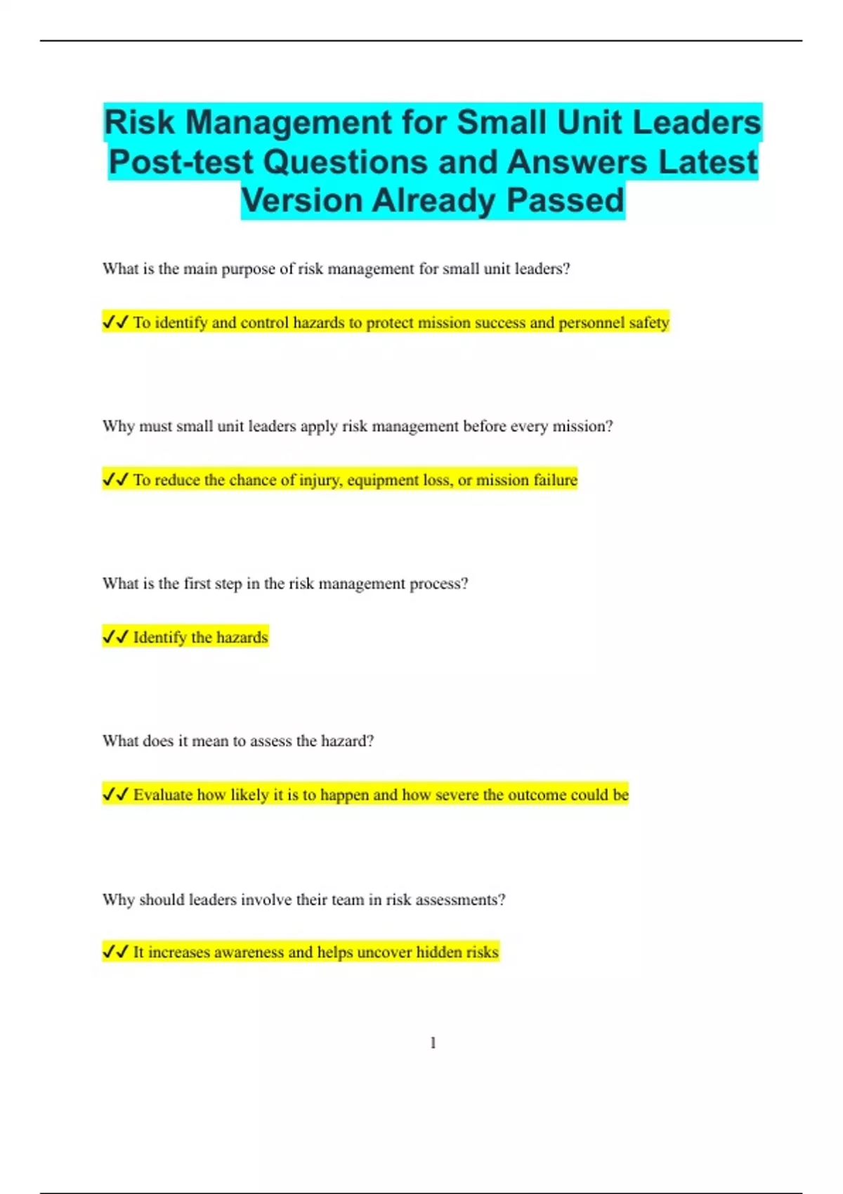 Risk Management for Small Unit Leaders Post-test Questions and Answers ...