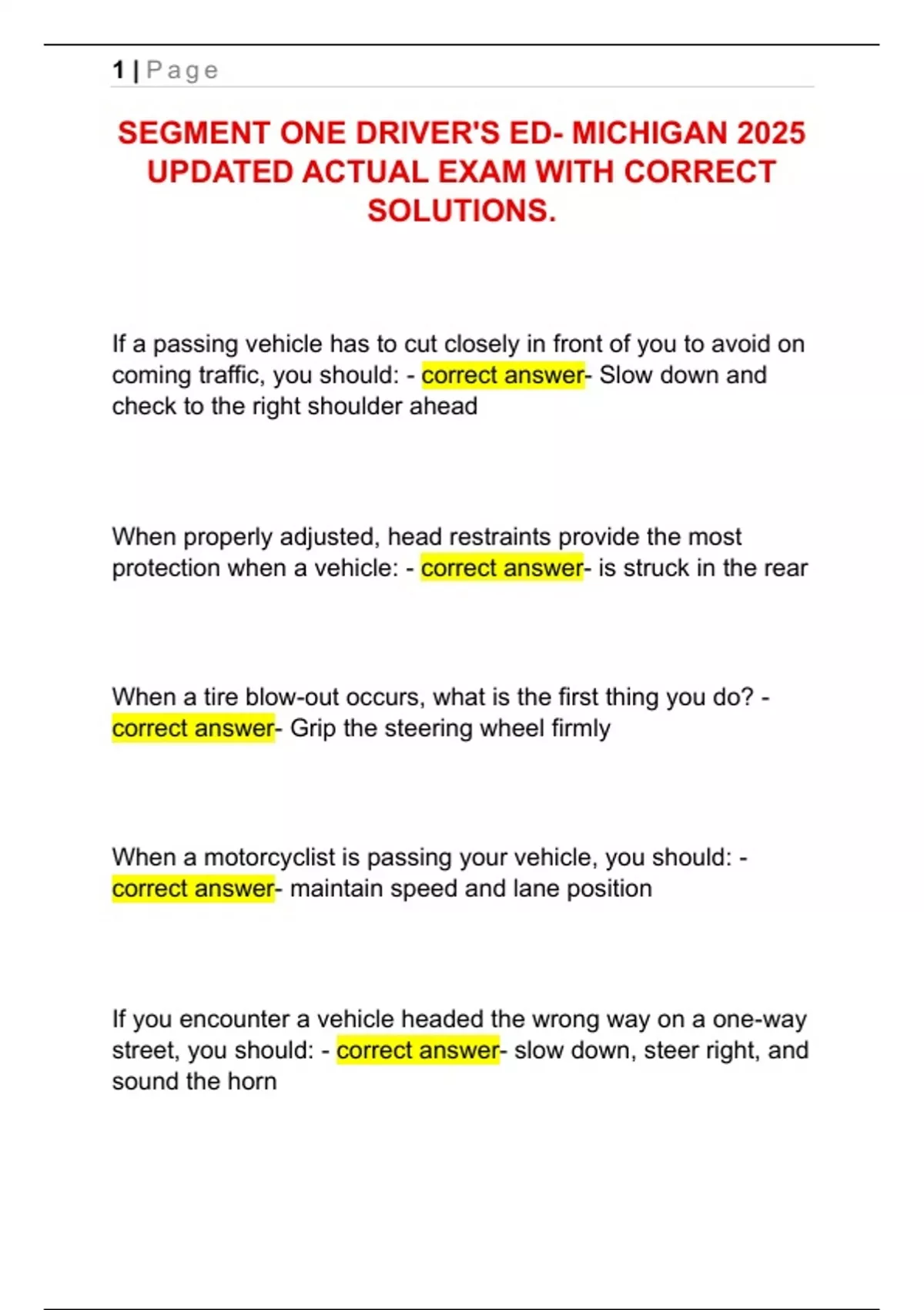 SEGMENT ONE DRIVER'S ED- MICHIGAN 2025 UPDATED ACTUAL EXAM WITH CORRECT ...
