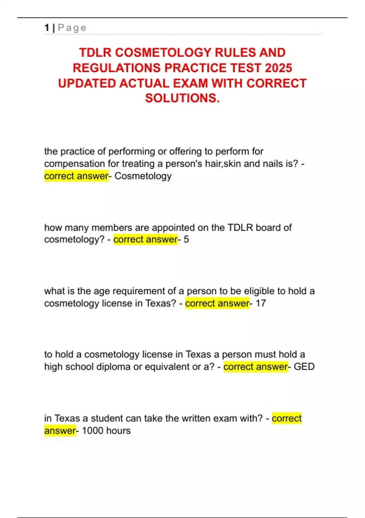 TDLR COSMETOLOGY RULES AND REGULATIONS PRACTICE TEST 2025 UPDATED ...