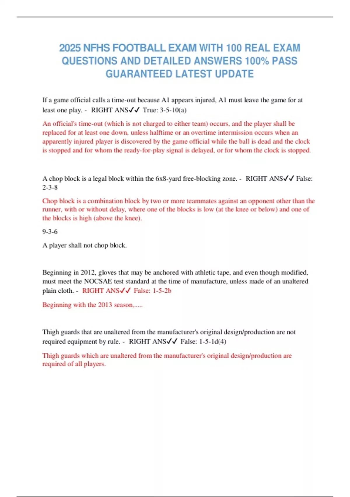 2025 NFHS FOOTBALL EXAM WITH 100 REAL EXAM QUESTIONS AND DETAILED ...