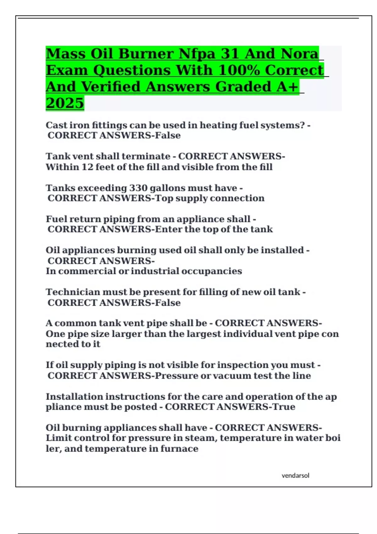 Mass Oil Burner Nfpa 31 And Nora Exam Questions With 100% Correct And ...