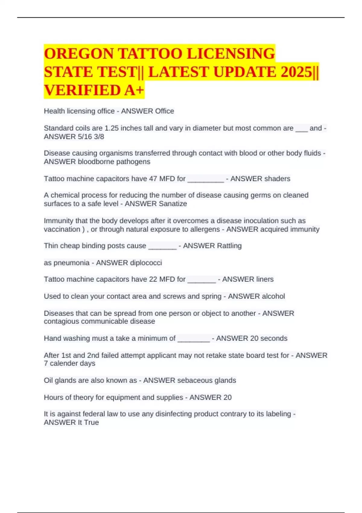 OREGON TATTOO LICENSING STATE TEST|| LATEST UPDATE 2025|| VERIFIED A+ ...