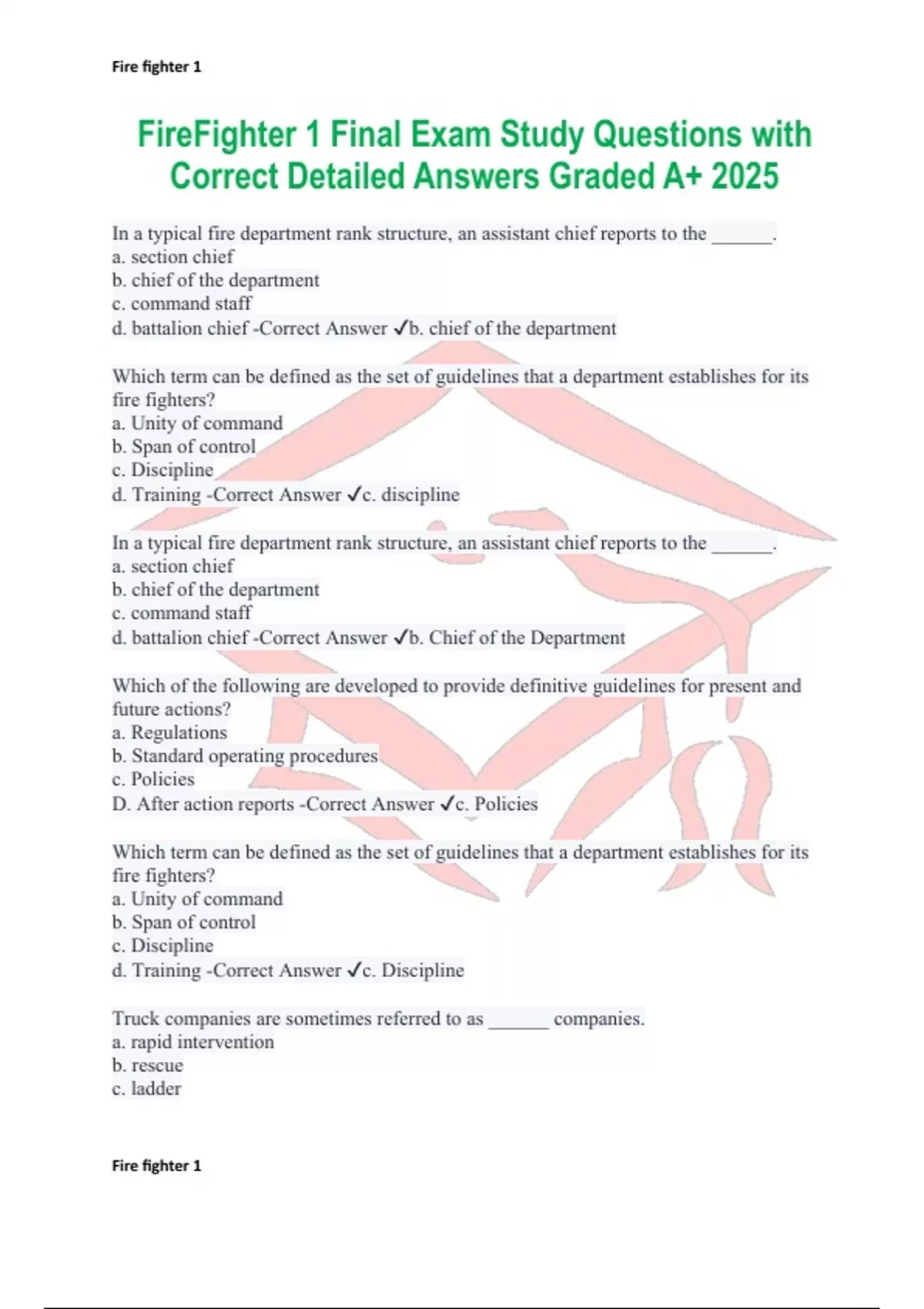 FireFighter 1 Final Exam Study Questions with Correct Detailed Answers ...