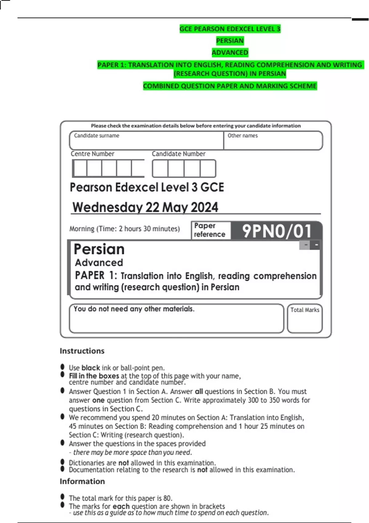 GCE PEARSON EDEXCEL LEVEL 3 PERSIAN ADVANCED PAPER 1: TRANSLATION INTO ...