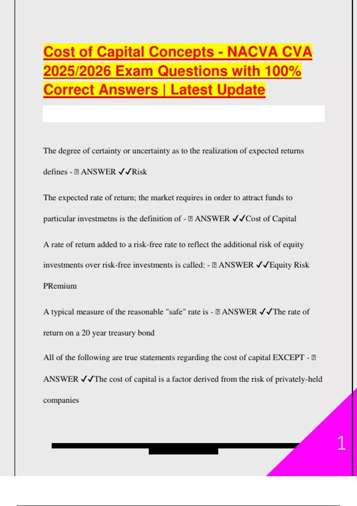 Cost of Capital Concepts - NACVA CVA 2025/2026 Exam Questions with 100% ...