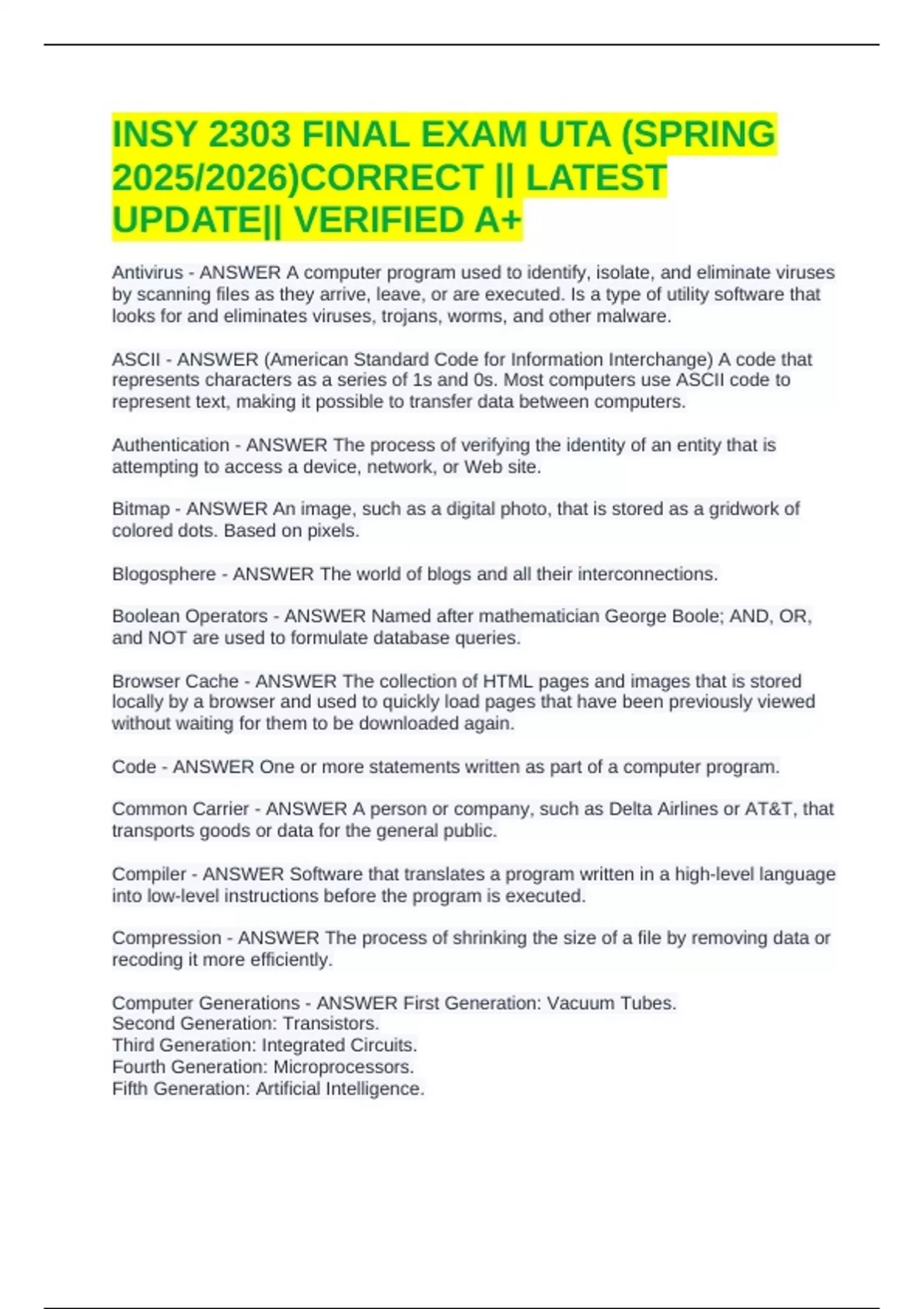 INSY 2303 FINAL EXAM UTA (SPRING 2025/2026)CORRECT || LATEST UPDATE ...