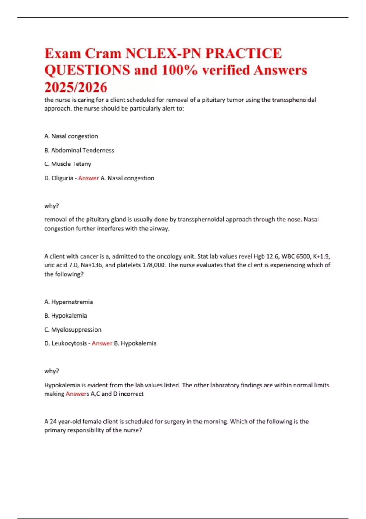 Exam Cram NCLEX-PN PRACTICE QUESTIONS and 100% verified Answers 2025/ ...