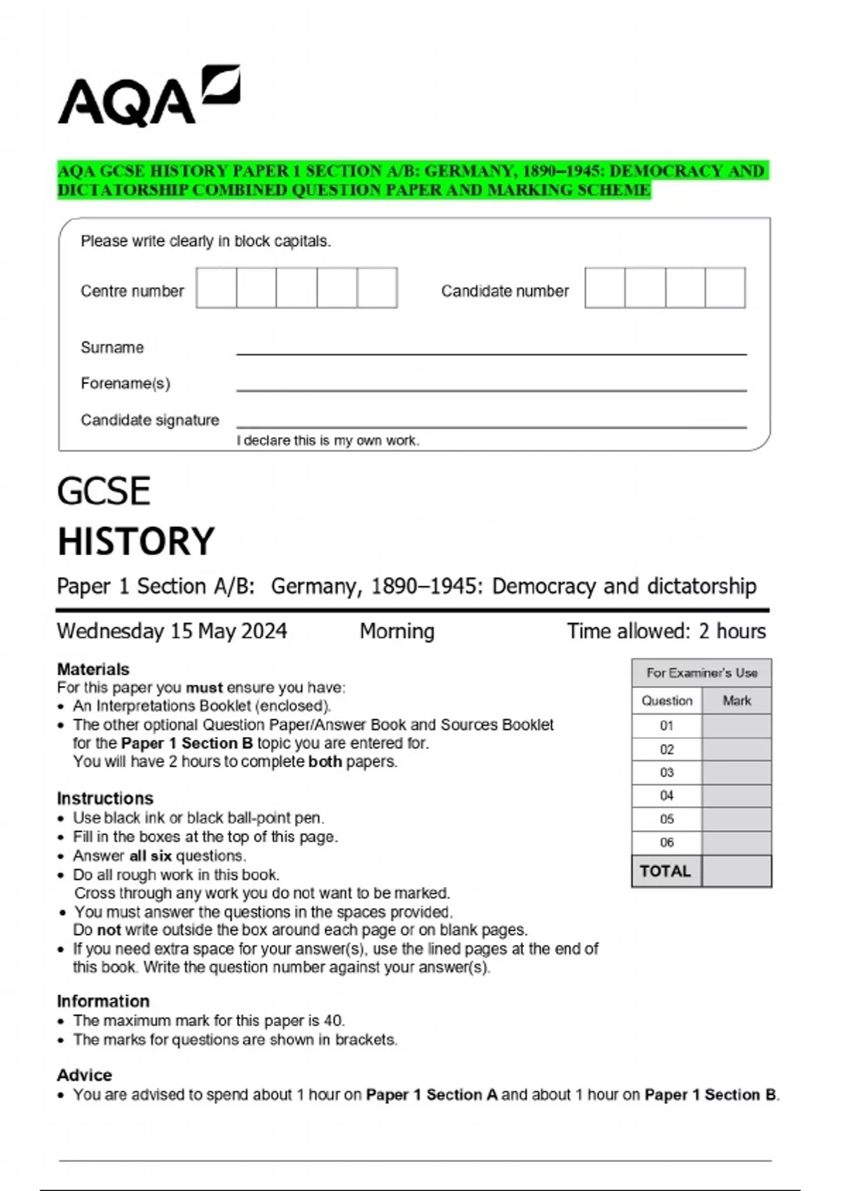 AQA GCSE HISTORY PAPER 1 SECTION A/B: GERMANY, 1890–1945: DEMOCRACY AND ...