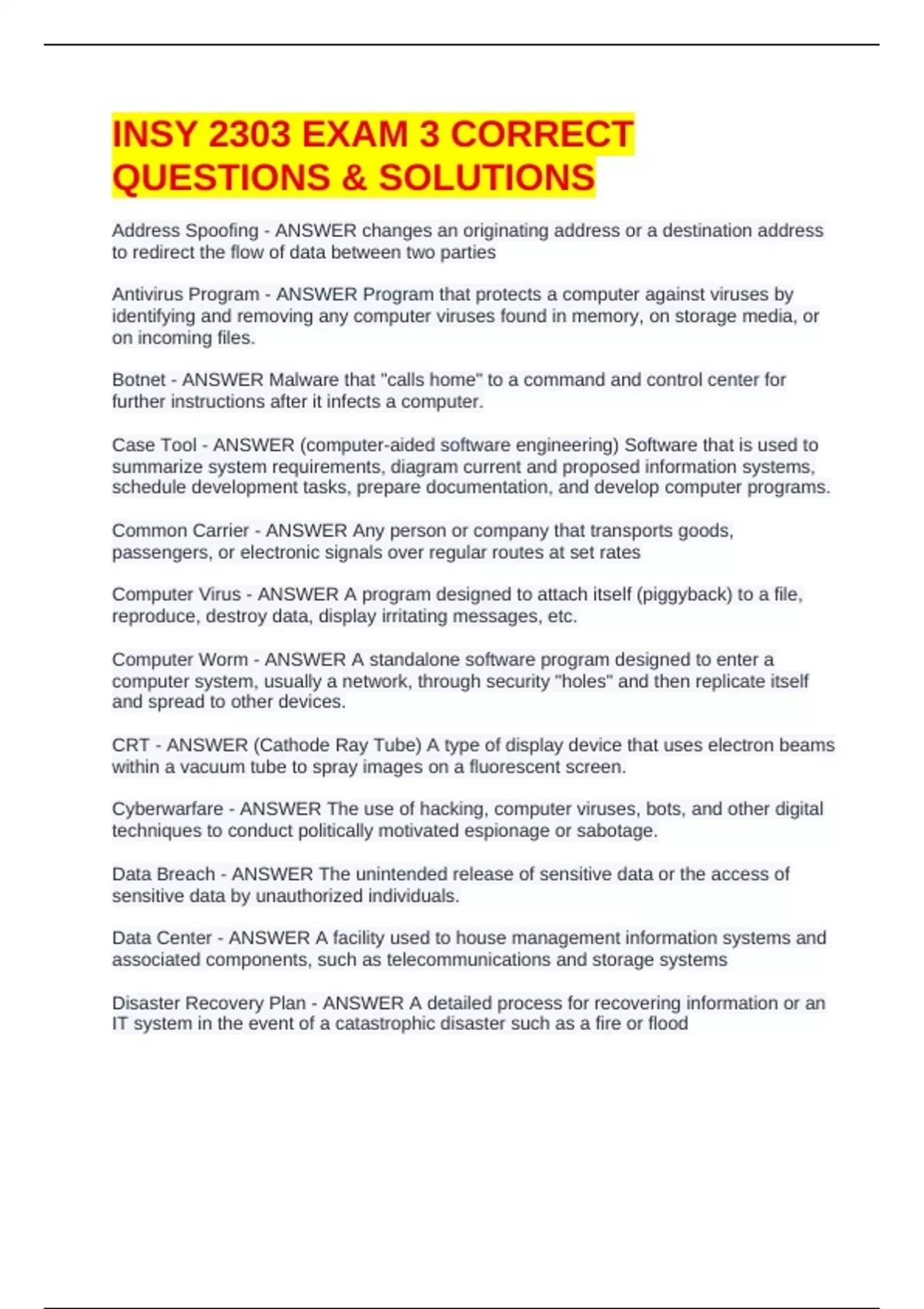 INSY 2303 EXAM 3 CORRECT QUESTIONS & SOLUTIONS - INSY 2303 - Stuvia US