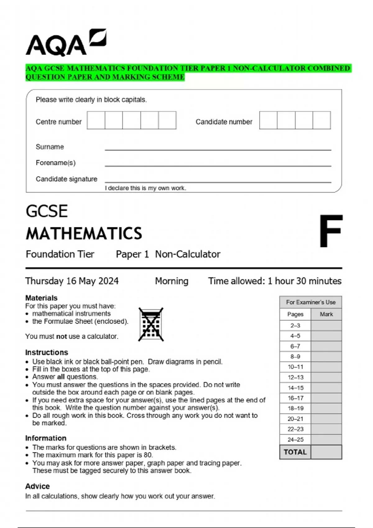 AQA GCSE MATHEMATICS FOUNDATION TIER PAPER 1 NON-CALCULATOR COMBINED ...