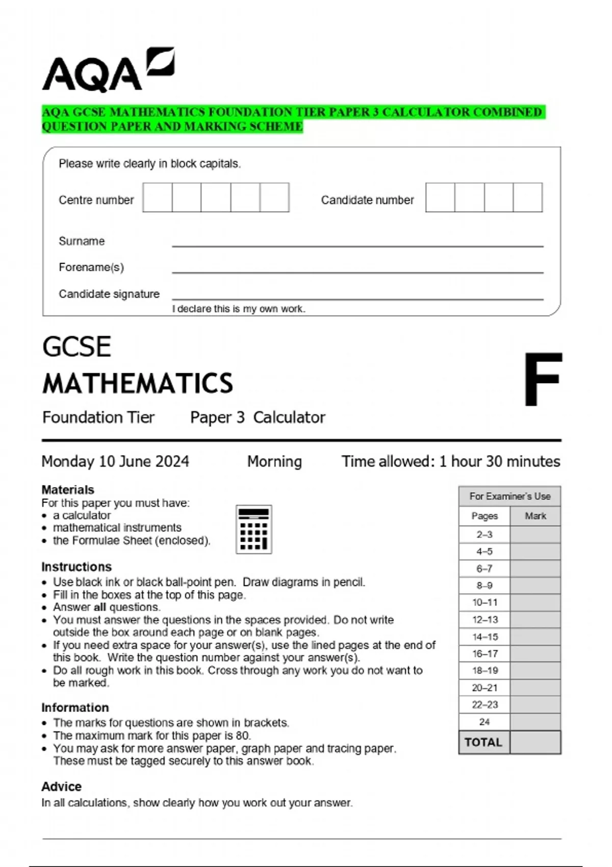 AQA GCSE MATHEMATICS FOUNDATION TIER PAPER 3 CALCULATOR COMBINED ...