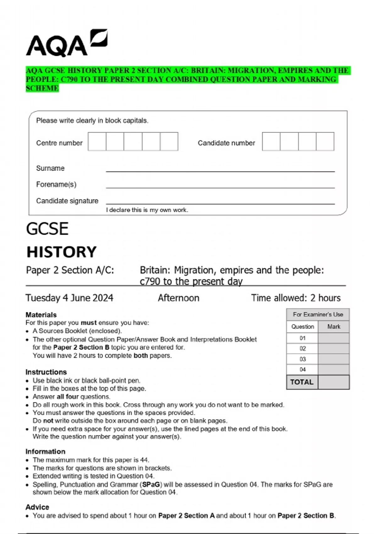 AQA GCSE HISTORY PAPER 2 SECTION A/C: BRITAIN: MIGRATION, EMPIRES AND THE PEOPLE: C790 TO THE ...