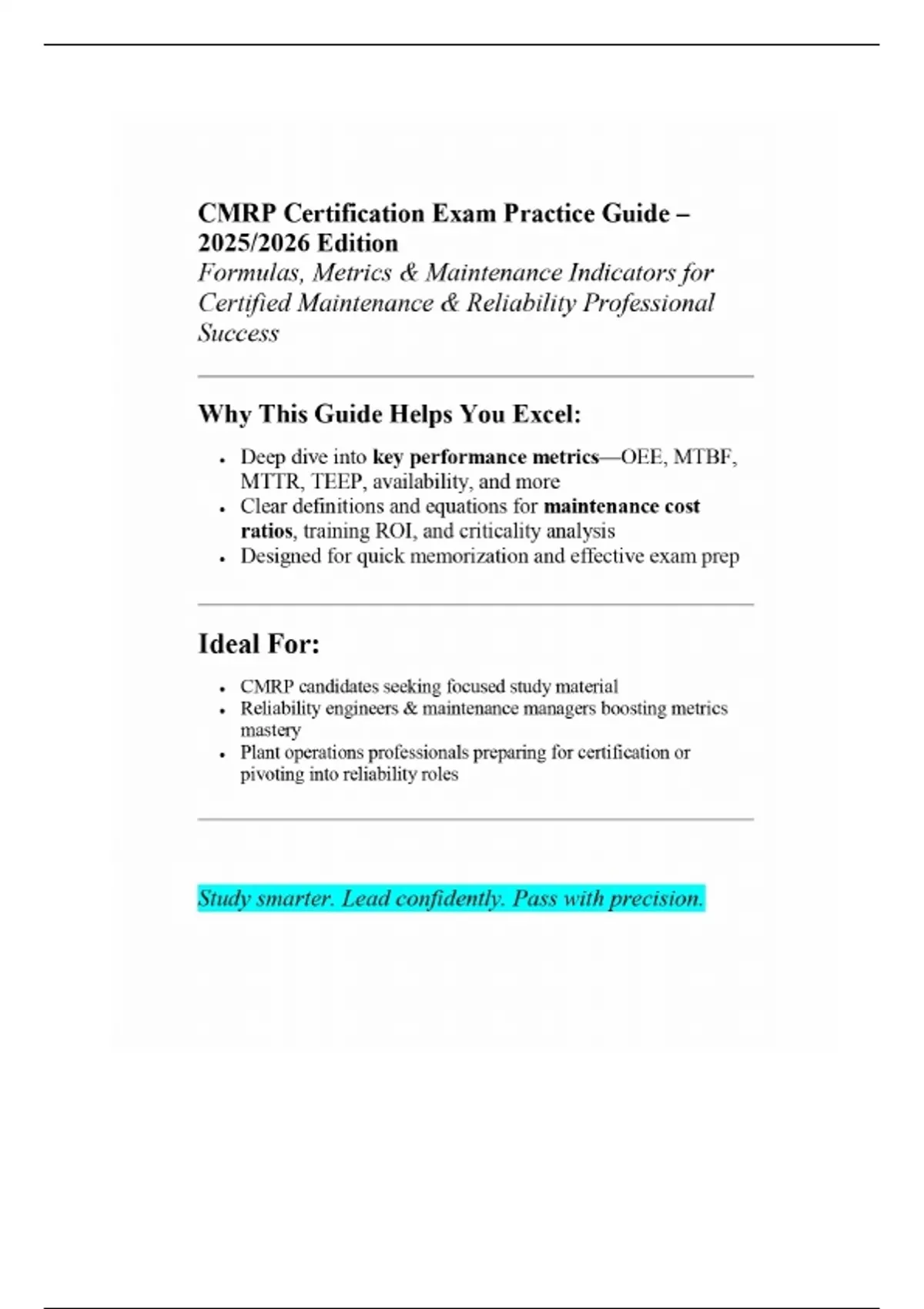CMRP Certification Exam Practice Guide – In-Depth Formulas, Metrics & Maintenance Indicators for ...
