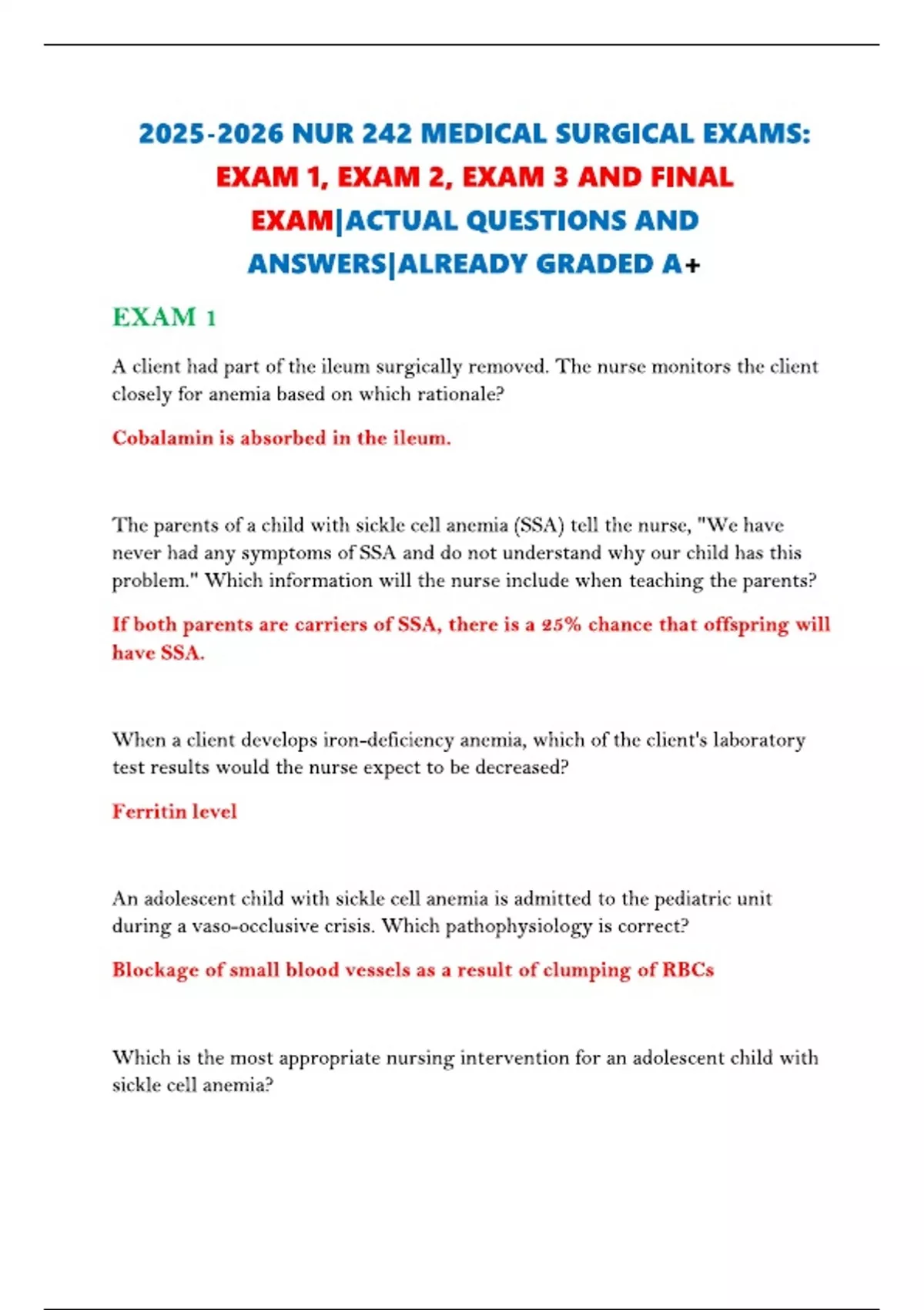 NUR 242 MEDICAL SURGICAL EXAMS: EXAM 1, EXAM 2, EXAM 3 AND FINAL EXAM ...