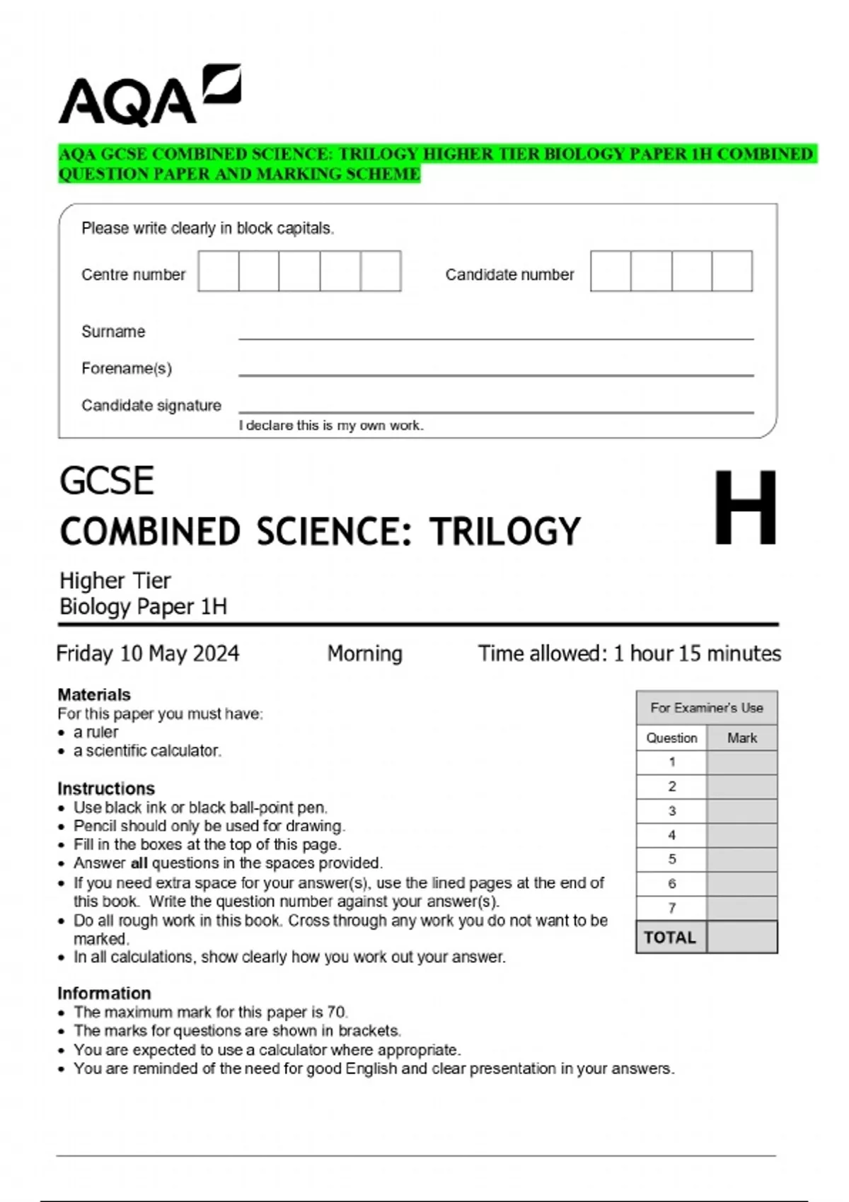 AQA GCSE COMBINED SCIENCE: TRILOGY HIGHER TIER BIOLOGY PAPER 1H ...