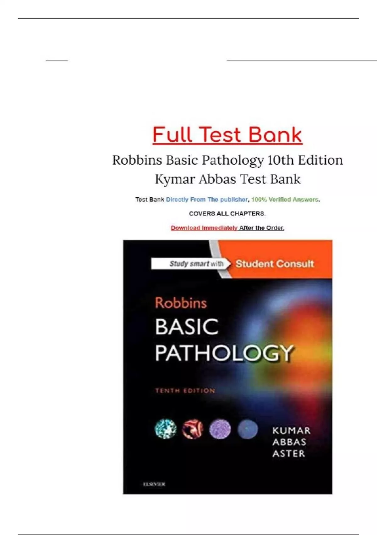 Test Bank for Robbins Basic Pathology 10th Edition by Vinay Kumar, Abul ...