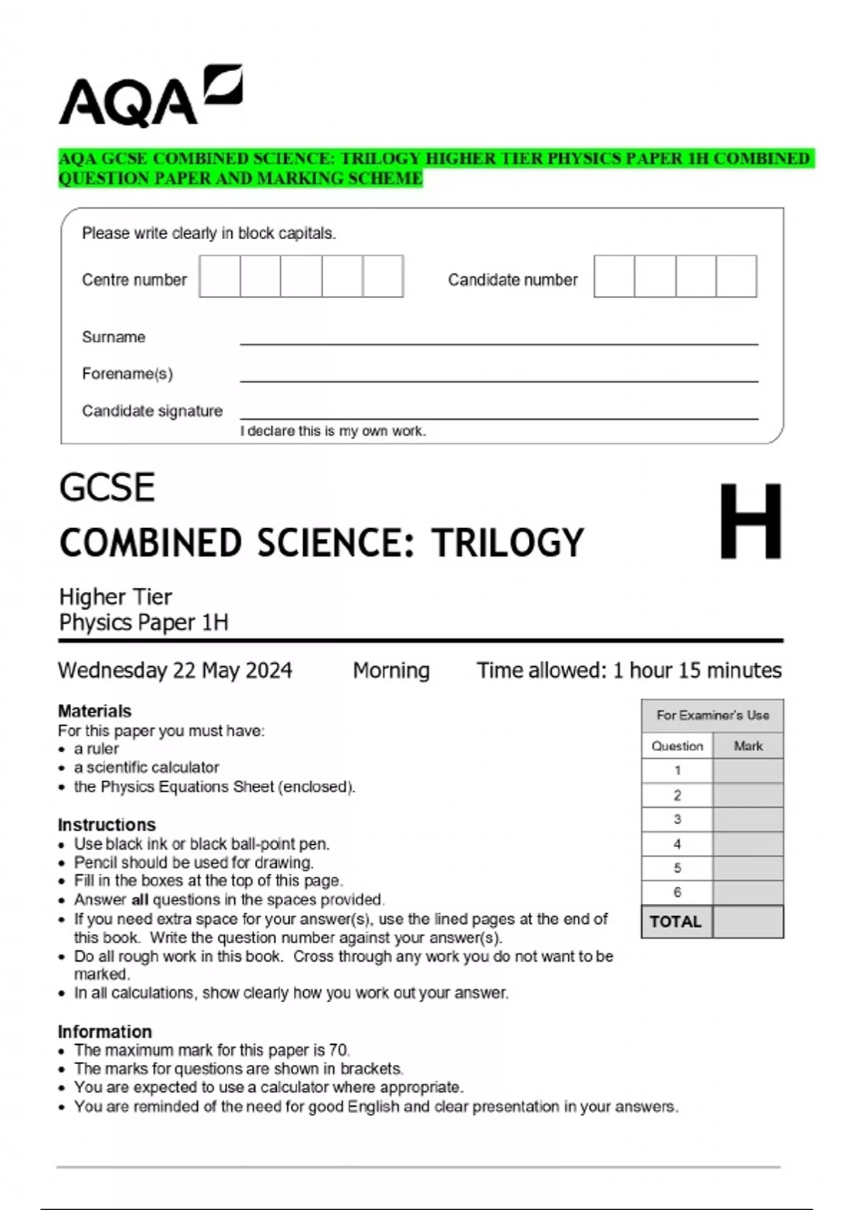 AQA GCSE COMBINED SCIENCE: TRILOGY HIGHER TIER PHYSICS PAPER 1H COMBINED QUESTION PAPER AND ...