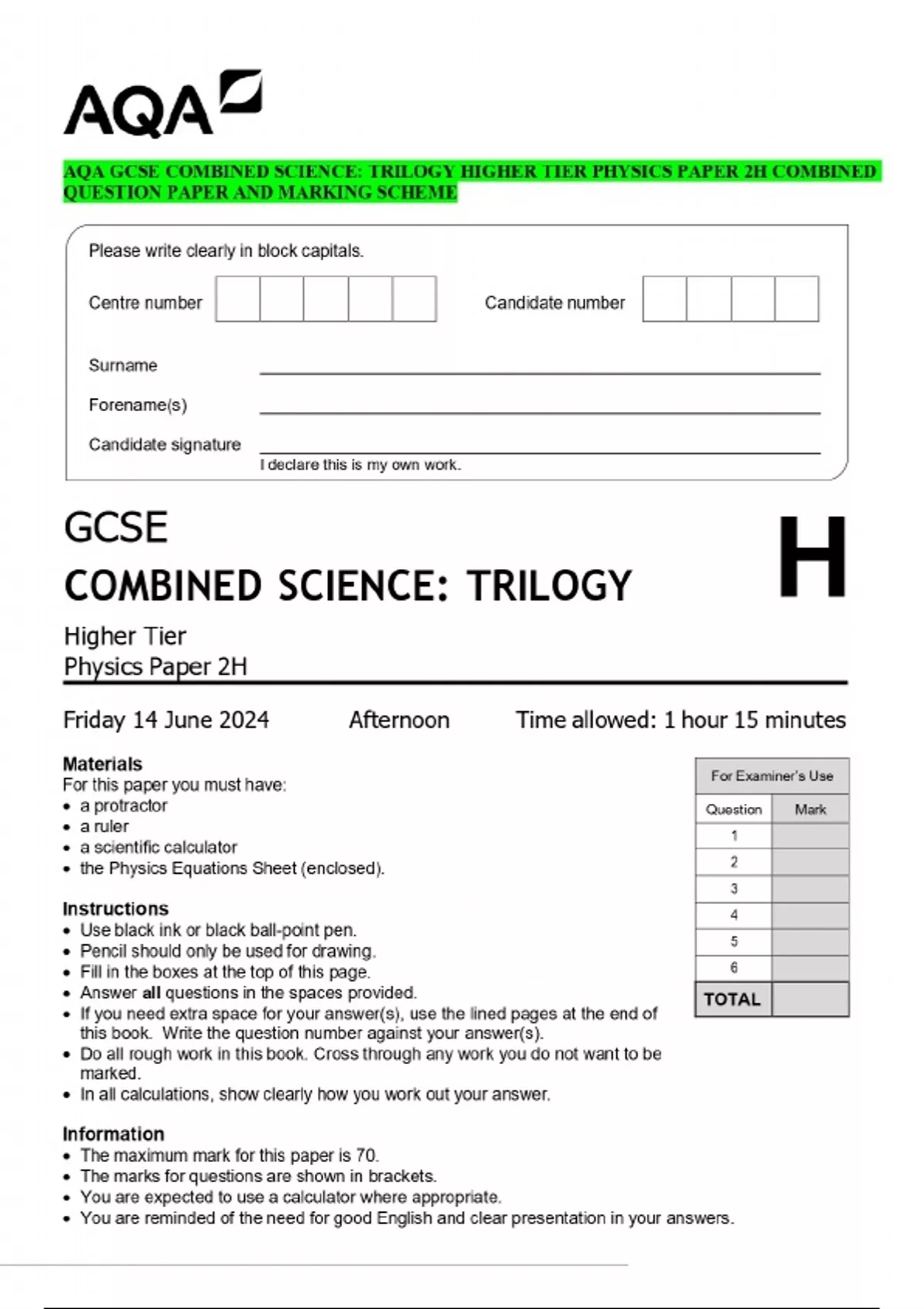 AQA GCSE COMBINED SCIENCE: TRILOGY HIGHER TIER PHYSICS PAPER 2H ...