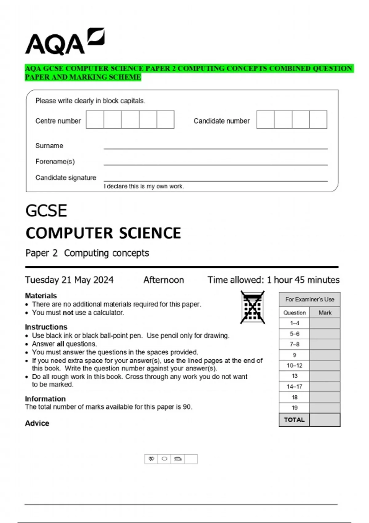 AQA GCSE COMPUTER SCIENCE PAPER 2 COMPUTING CONCEPTS COMBINED QUESTION PAPER AND MARKING SCHEME ...