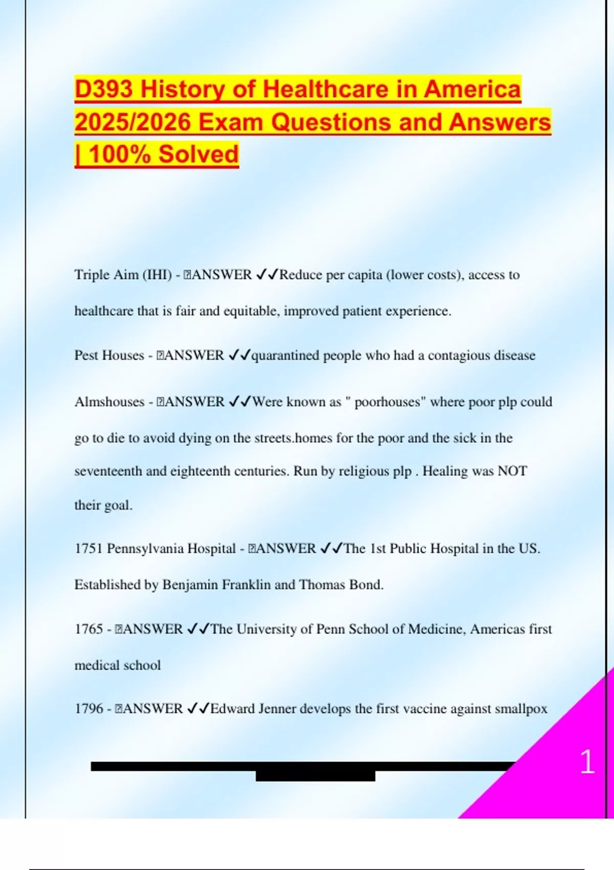 D393 History of Healthcare in America 2025/2026 Exam Questions and Answers | 100% Solved - D393 ...