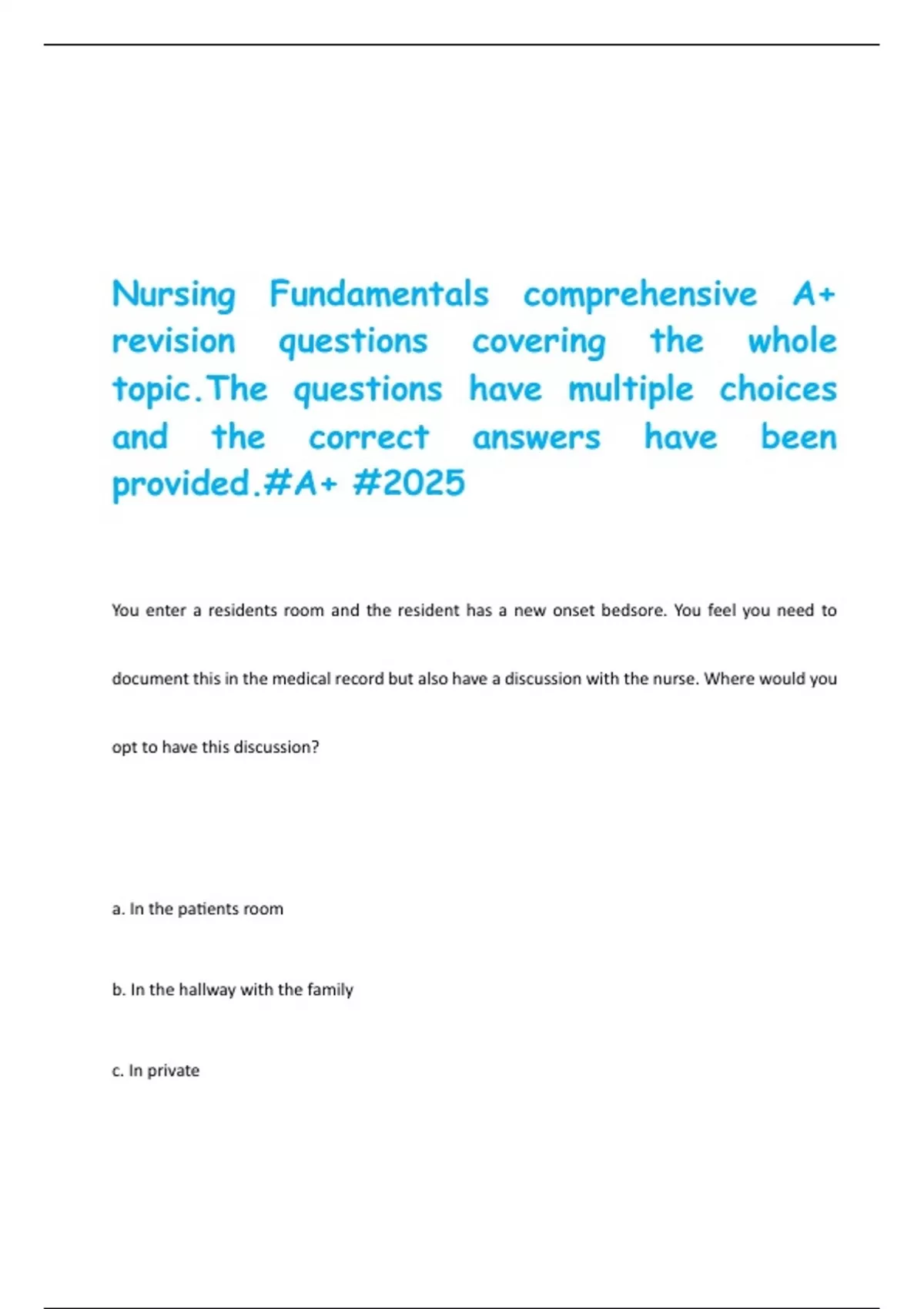 Nursing Fundamentals comprehensive A+ revision questions covering the ...