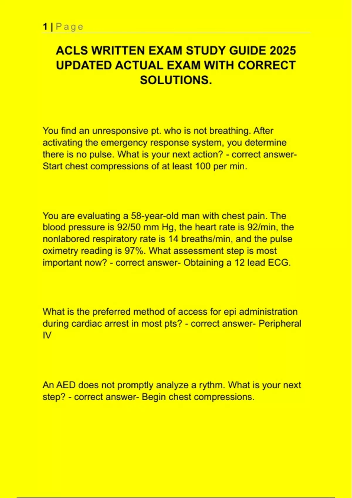 ACLS Written Exam Study Guide – 2025 Updated Exam with Correct Answers ...