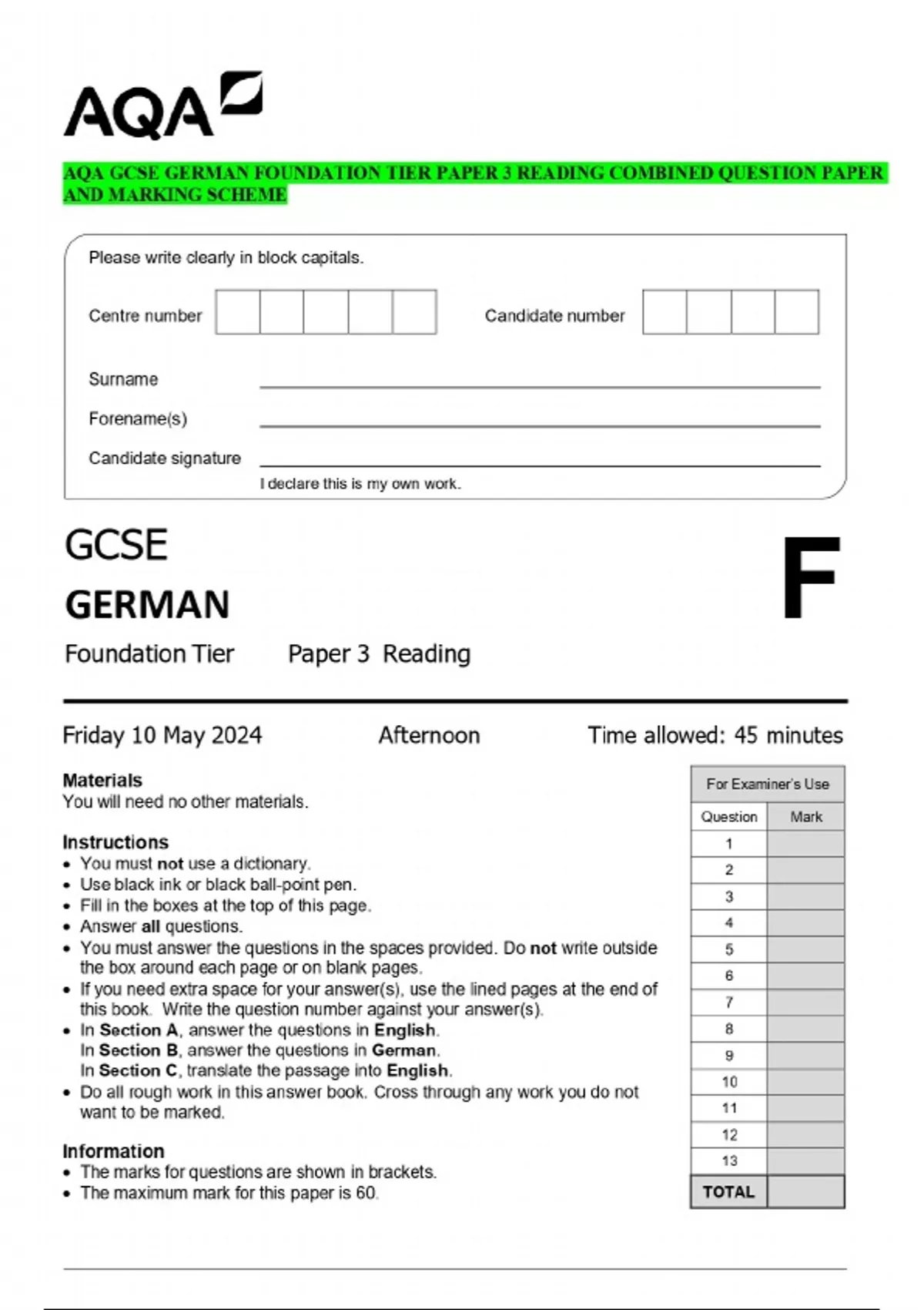 AQA GCSE GERMAN FOUNDATION TIER PAPER 3 READING COMBINED QUESTION PAPER ...
