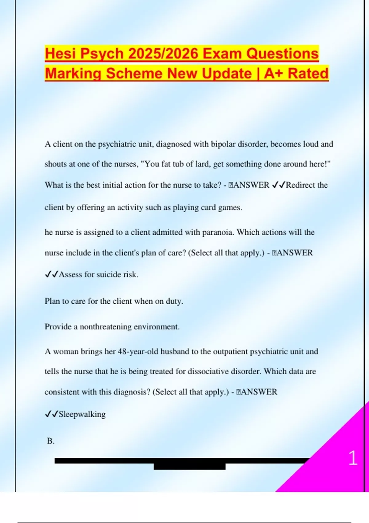 Hesi Psych 2025/2026 Exam Questions Marking Scheme New Update | A+ ...